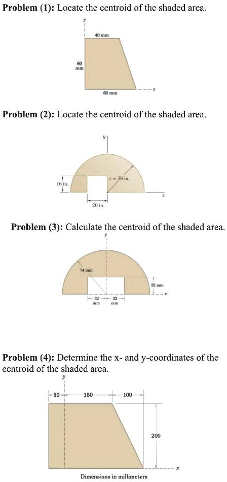 Problem (1): Locate the centroid of the shaded area. 60 mm 40 mm 60 mm Problem (2): Locate the ...