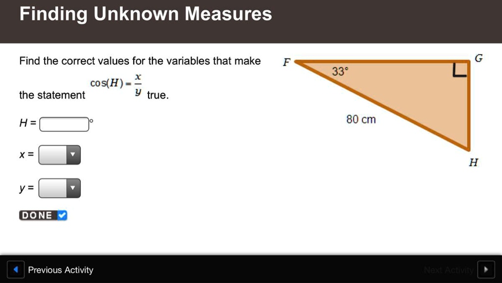 Finding Unknown Measures Find the correct values for the variables that ...
