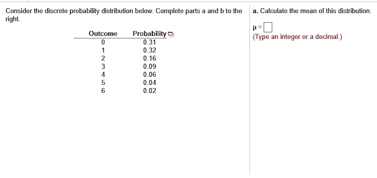 SOLVED: Consider the discrete probability distribution below. Complete parts (a) and (b) to the ...