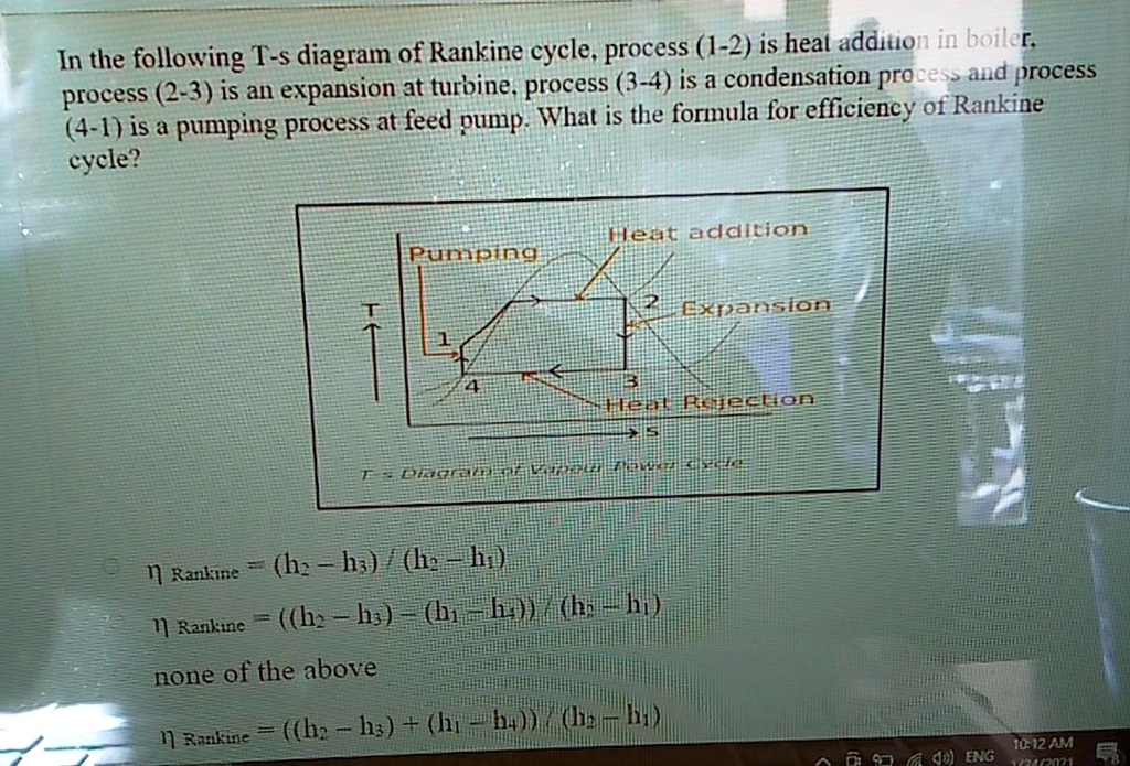SOLVED: In the following T-s diagram of the Rankine cycle, process (1-2 ...