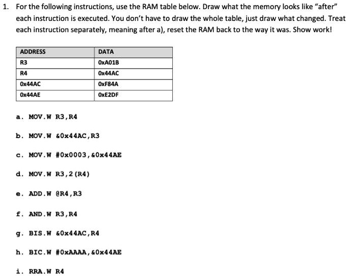 1. For the following instructions, use the RAM table below. Draw what ...