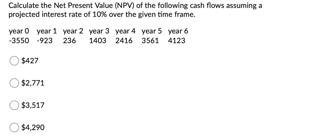 SOLVED: Calculate the Net Present Value (NPV) of the following cash ...