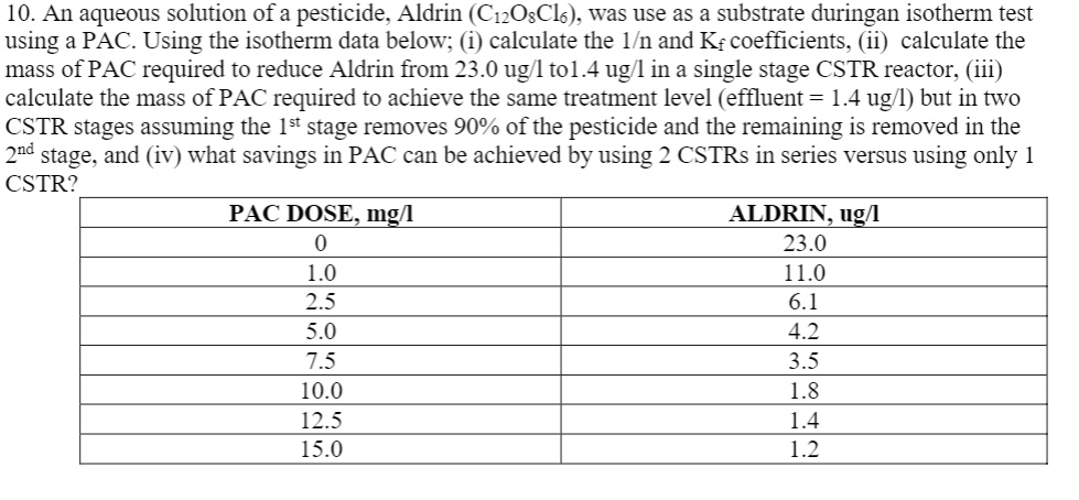 10. An aqueous solution of a pesticide, Aldrin (C12O8C16),...