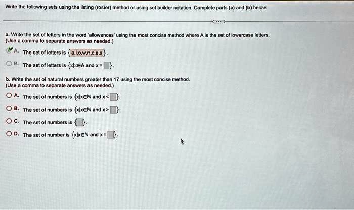 SOLVED: a. Write the set of letters in the word 'allowances' using the ...