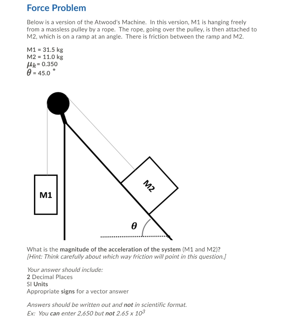 SOLVED: Force Problem: Atwood's Machine Below is a version of the ...