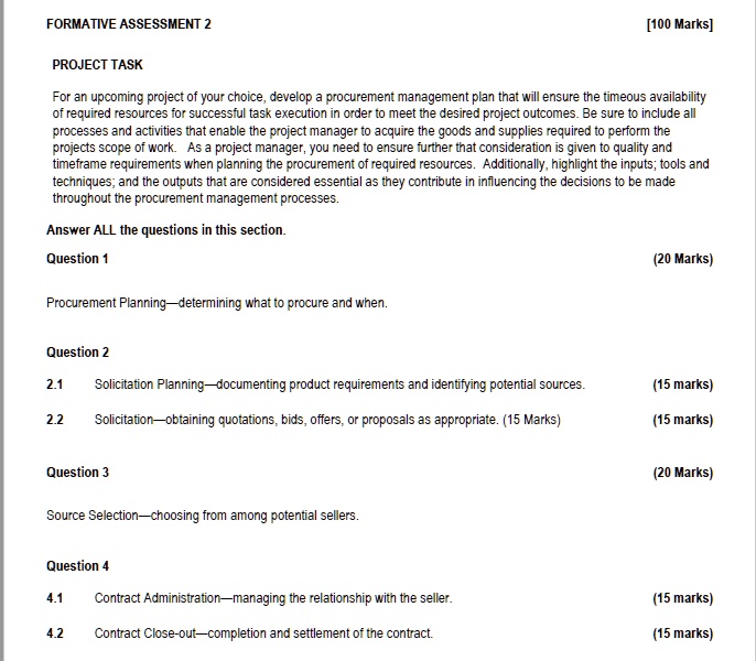 SOLVED: FORMATIVE ASSESSMENT 2 [100 Marks] PROJECT TASK For an upcoming project of your choice ...