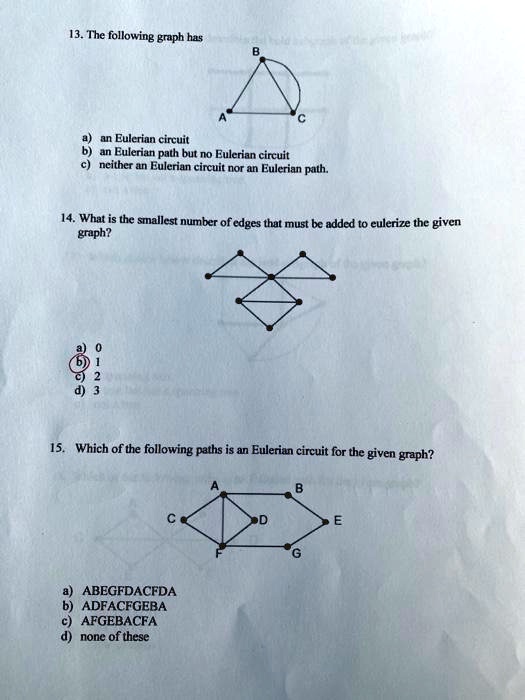 Solved 13 The Following Graph Has An Eulerian Path But No Eulerian Circuit Neither An