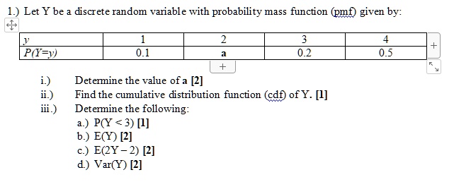 SOLVED: 1.) Let Ybe discrete random variable with probability mass ...