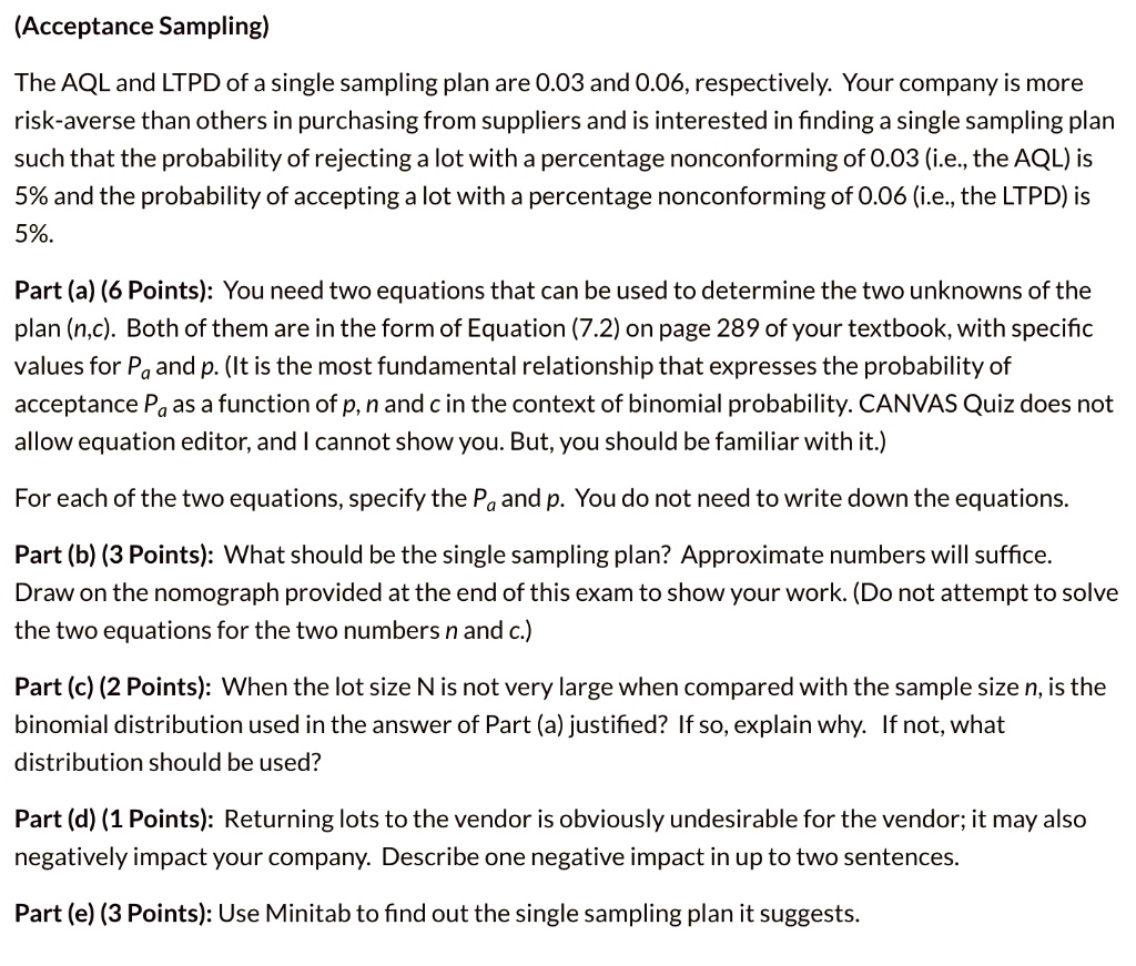 SOLVED: (Acceptance Sampling) The AQL and LTPD of a single sampling ...