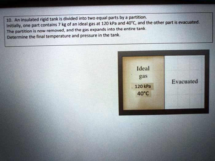 SOLVED: An insulated rigid tank is divided into two equal parts by a partition. Initially, one ...