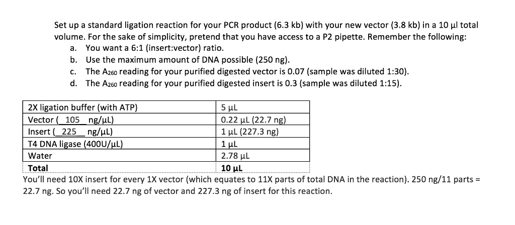 Set up a standard ligation reaction for your PCR product (6.3 kb) with ...