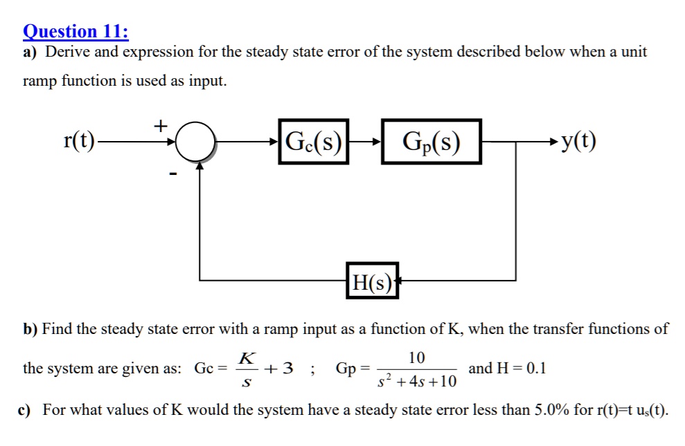 SOLVED: Question 11: a) Derive an expression for the steady state error ...