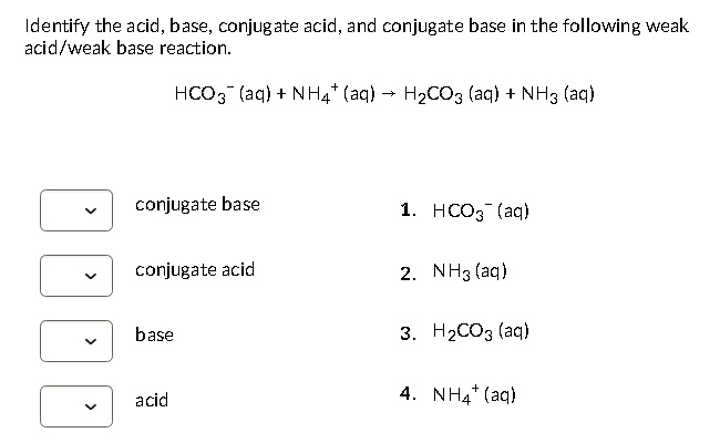 SOLVED: Identify the acid, base, conjugate acid, and conjugate base in ...