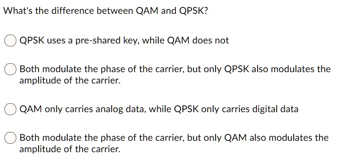SOLVED: What's the difference between QAM and QPSK? QPSK uses a pre-shared key, while QAM does ...