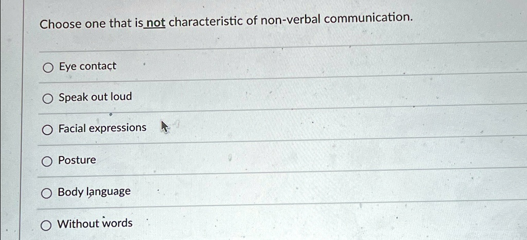 Choose one that is not characteristic of non-verbal communication. Eye ...