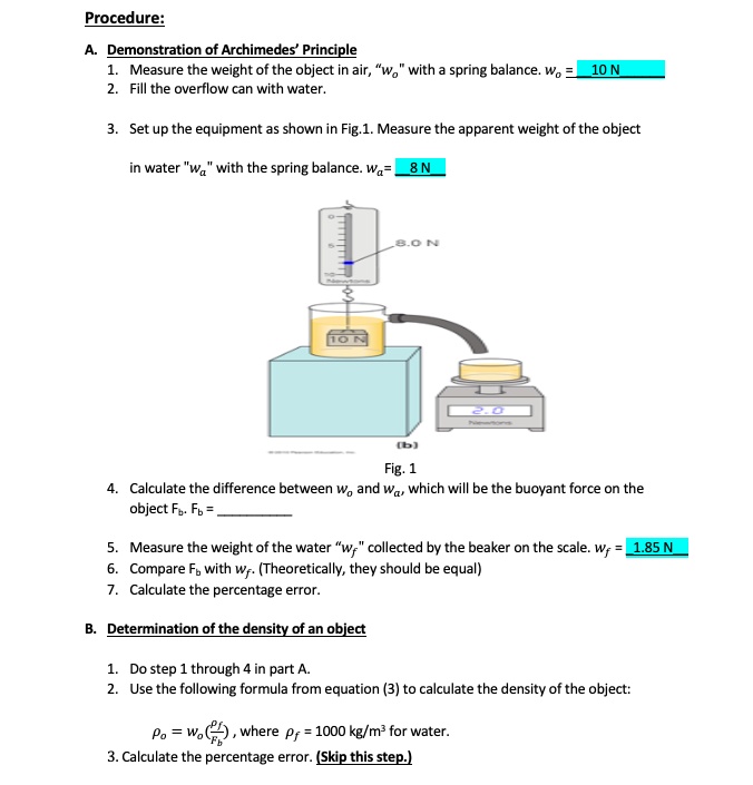 SOLVED: Procedure: Demonstration of Archimedes' Principle: 1. Measure the weight of the object ...