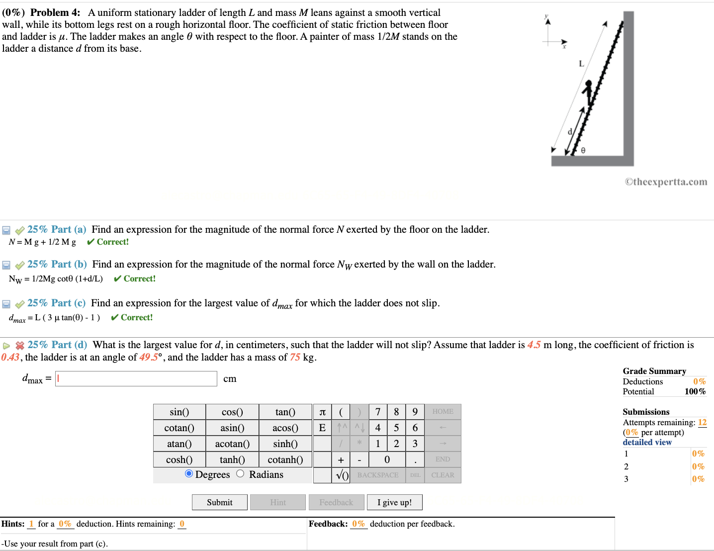 Solved 0 Problem 4 A Uniform Stationary Ladder Of Length L And