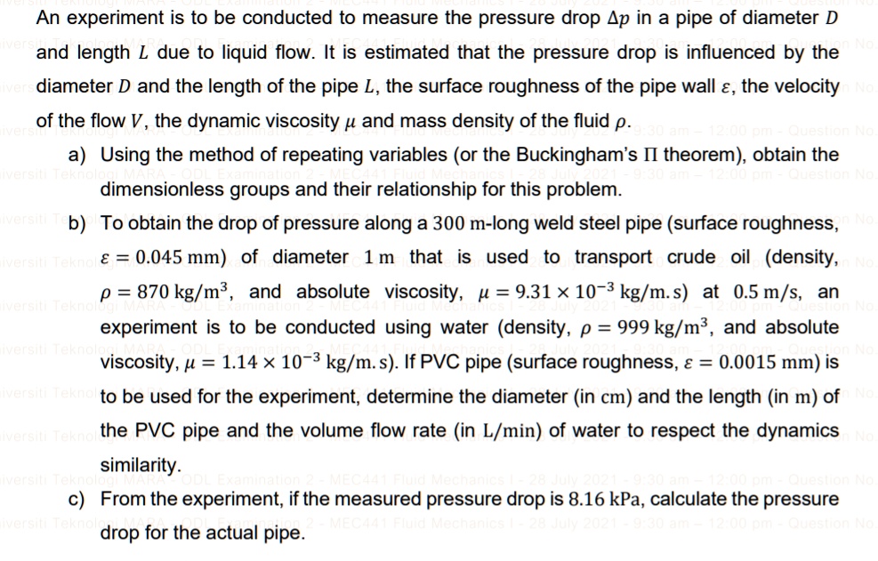 SOLVED: An experiment is to be conducted to measure the pressure drop Î ...