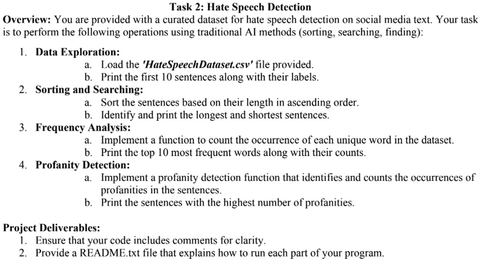 SOLVED: Task 2: Hate Speech Detection Overview: You are provided with a curated dataset for hate ...