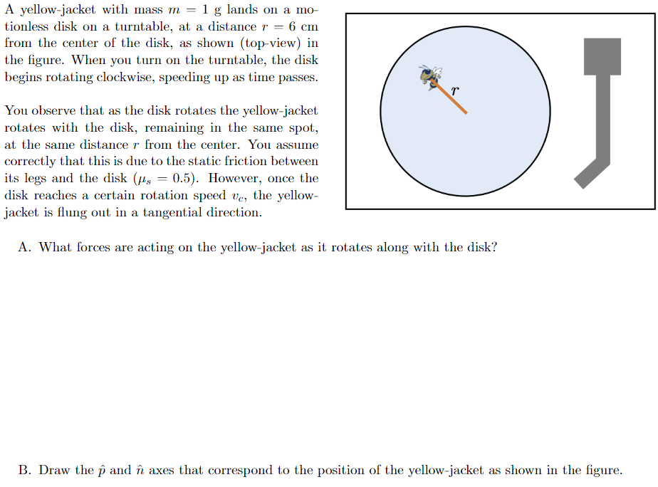 SOLVED: A yellow-jacket with mass m=1 g lands on a motionless disk on a ...
