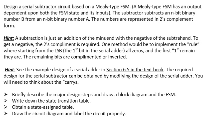 Design a serial subtractor circuit based on a Mealy-type FSM. (A Mealy ...