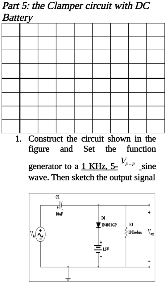 Part 5: the Clamper circuit with DC Battery 1. Construct the circuit shown in the figure and Set ...