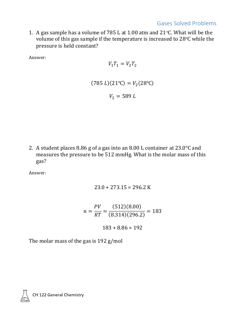 SOLVED: Gases Solved Problems 1. A gas sample has a volume of 785 L at ...
