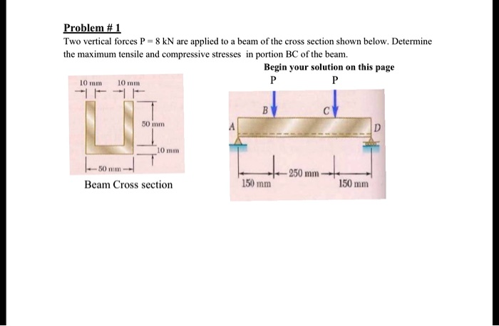 Problem # 1 Two vertical forces P = 8 kN are applied to a beam of the cross section shown below ...