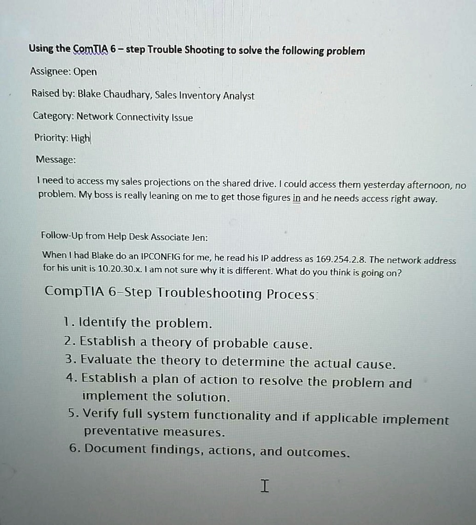 Using the COMTA 6-step Trouble Shooting to solve the following problem Assignee: Open Raised by ...