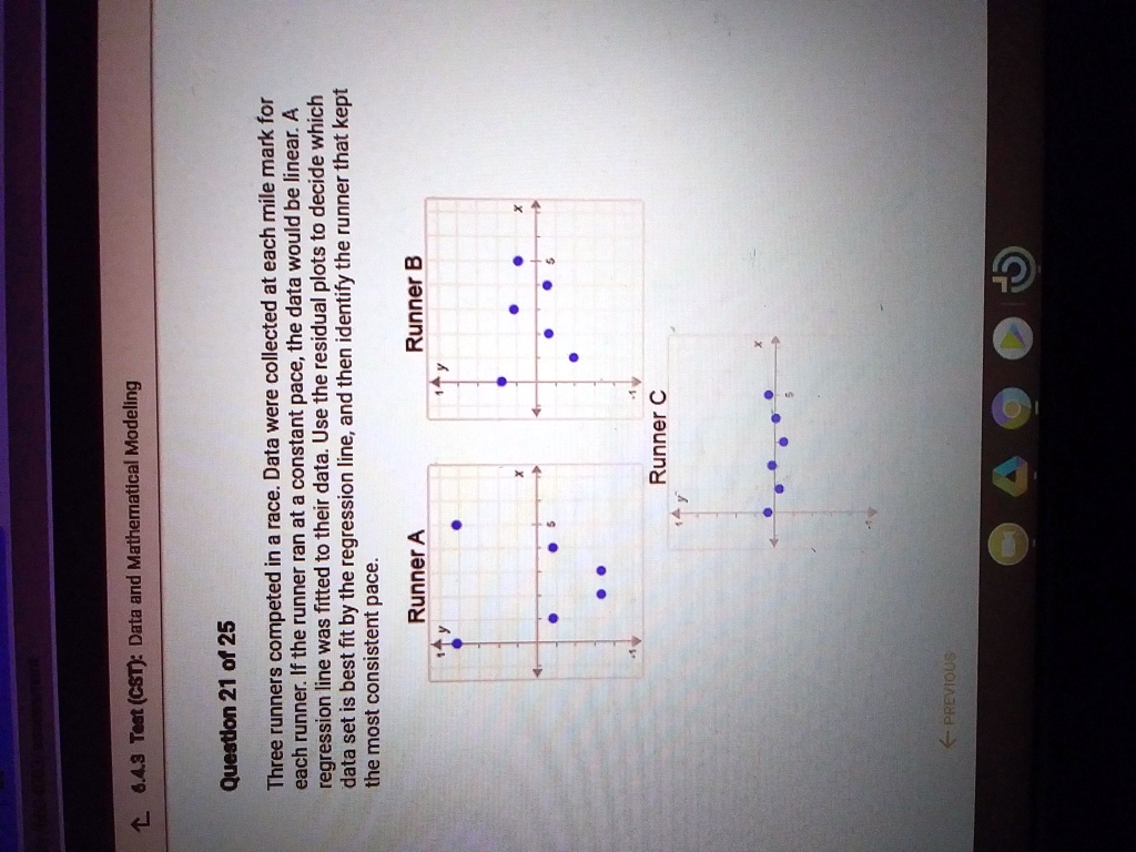 Three runners competed in a race. Data were collected at each mile mark ...