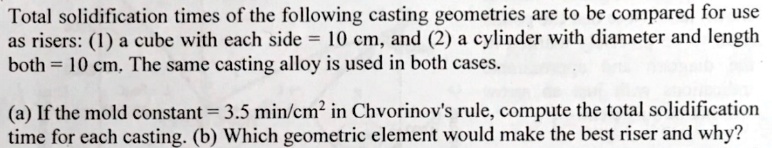 [GET ANSWER] Total solidification times of the following casting ...