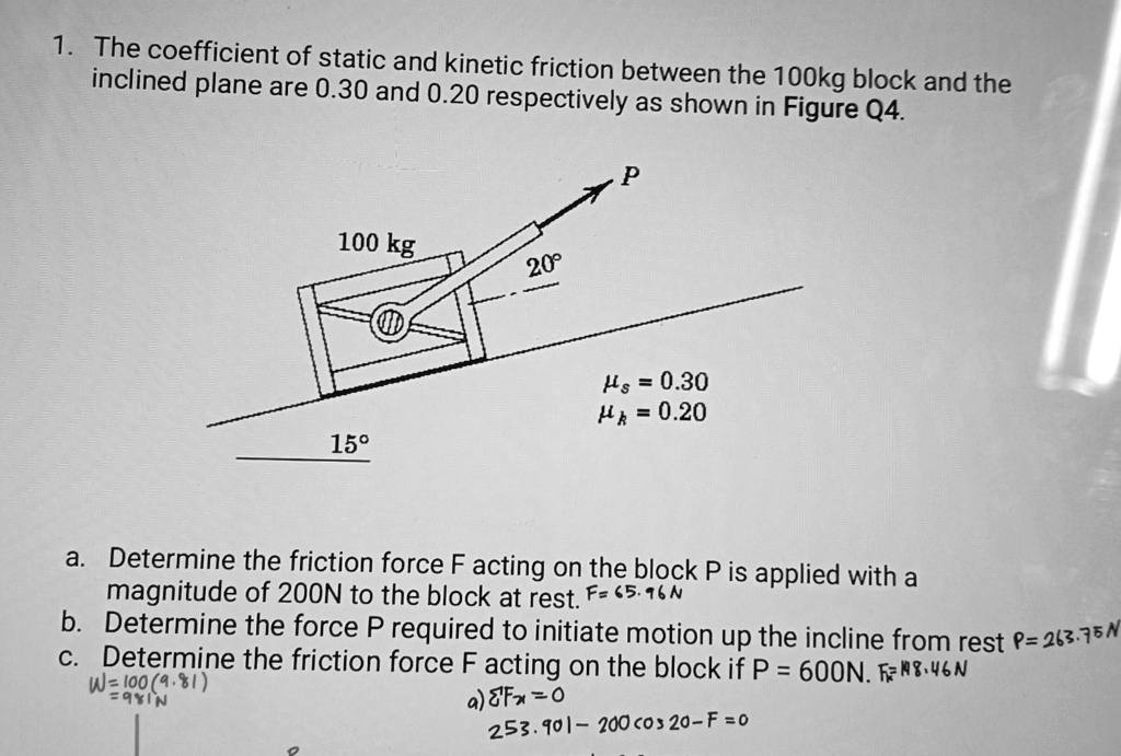 1. The coefficient of static and kinetic friction between the 100kg block and the inclined plane ...