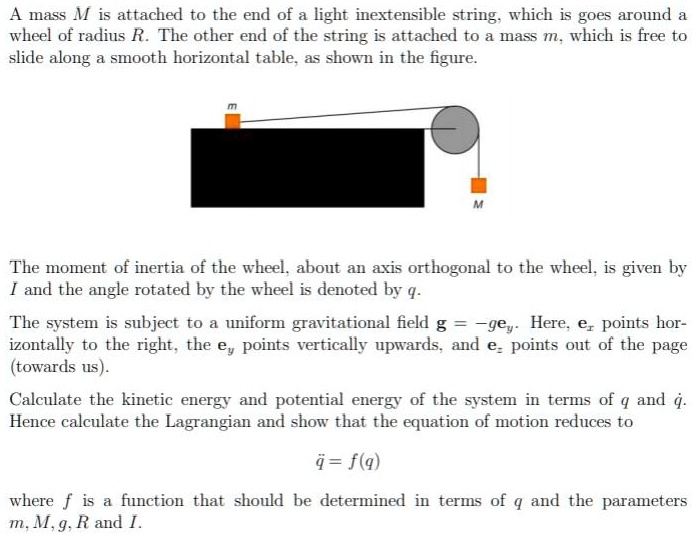SOLVED: A mass M is attached to the end of a light, inextensible string, which goes around a ...