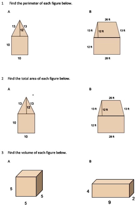 SOLVED: Find the perimeter of each figure below. Find the total area of each figure below. Find ...