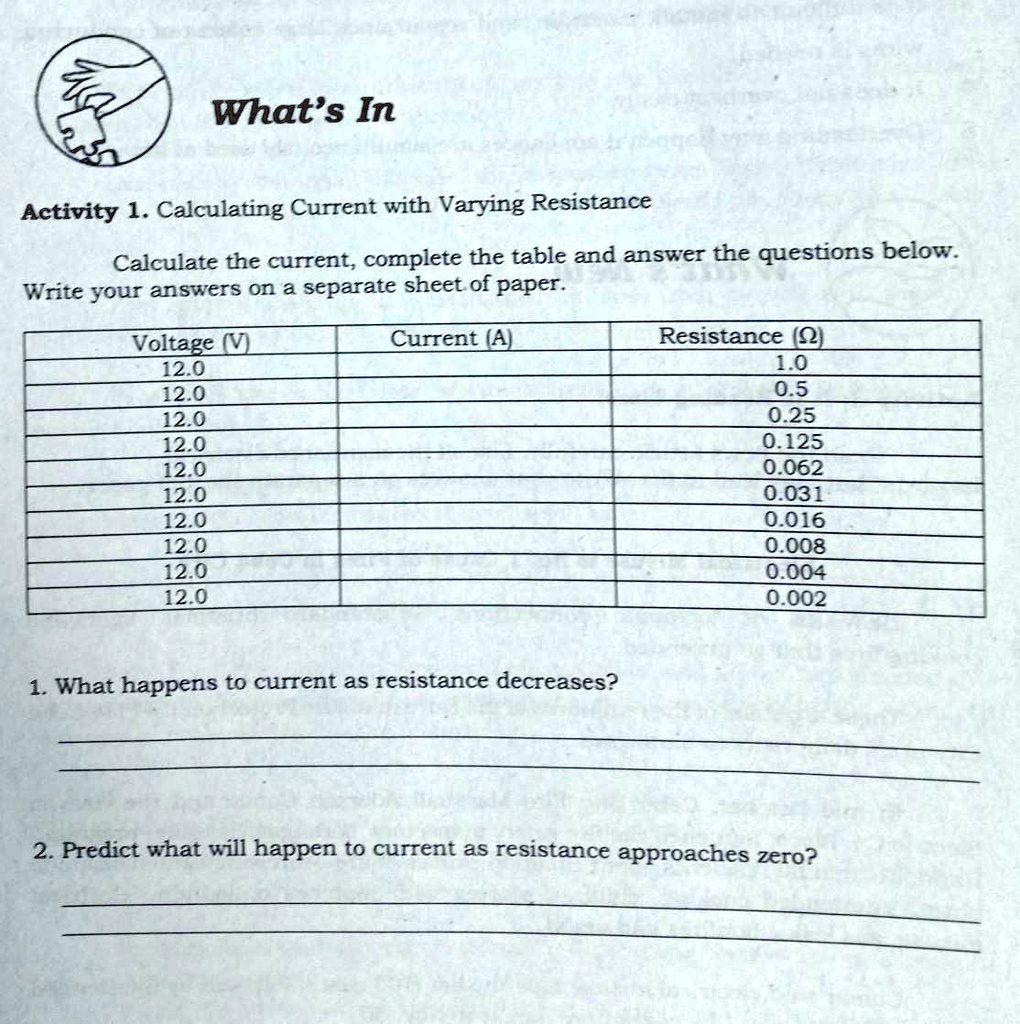 SOLVED: What's In Activity 1: Calculating Current with Varying Resistance Calculate the current ...