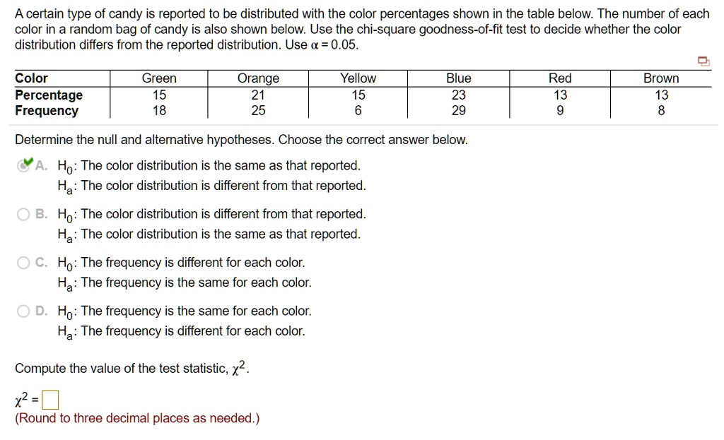 SOLVED: A certain type of candy is reported to be distributed with the color percentages shown ...