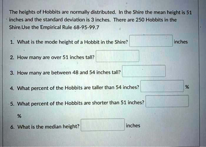 the heights of hobbits are normally distributed in the shire the mean ...