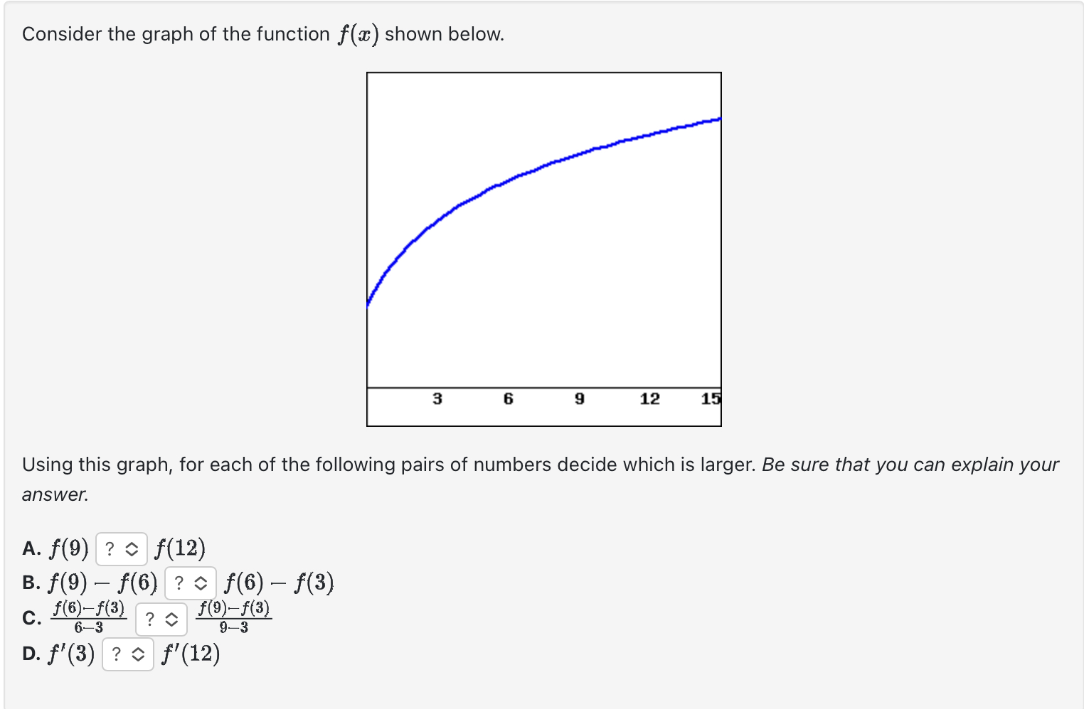 SOLVED: Consider the graph of the function f(x) shown below. Using this graph, for each of the ...
