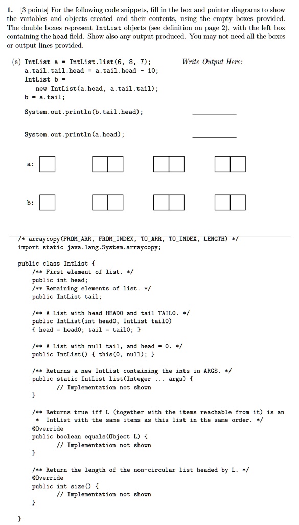 SOLVED: For the following code snippets, fill in the box and pointer ...