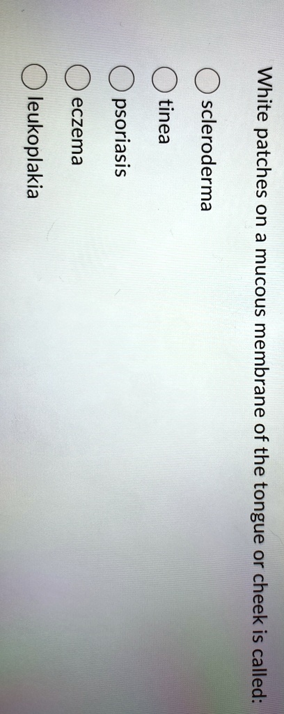 white patches on a mucous membrane of the tongue or cheek is called ...