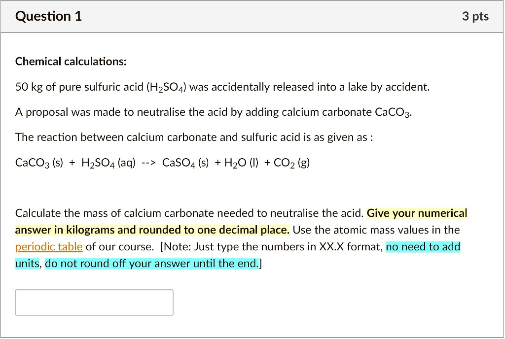 SOLVED: Chemical calculations: 50 kg of pure sulfuric acid (H2SO4) was ...
