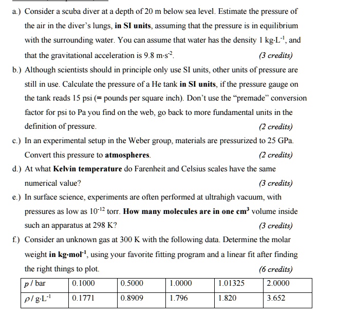 SOLVED: a.) Consider a scuba diver at a depth of 20 m below sea level ...