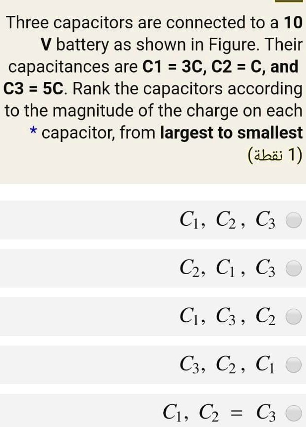 SOLVED: Three capacitors are connected to a 10 V battery as shown in the figure. Their ...