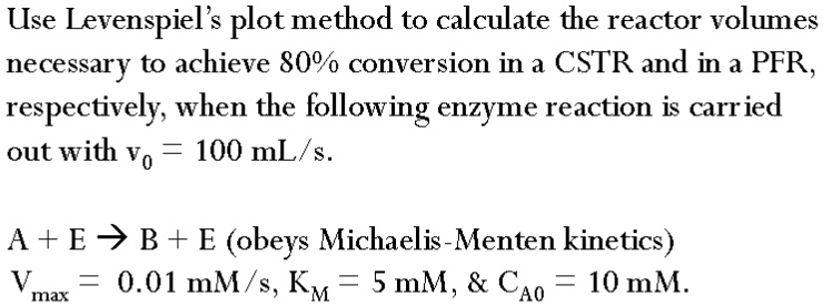 SOLVED: Use Levenspiel's plot method to calculate the reactor volumes necessary to achieve 80% ...