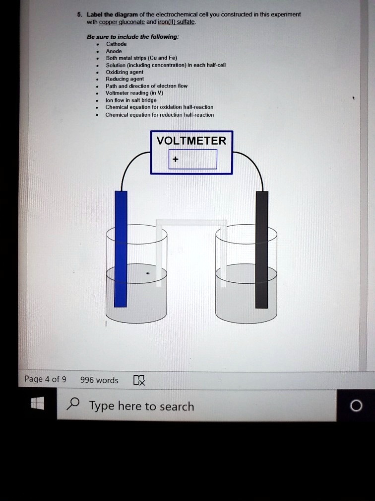 label the diagram of the electrochemical cell you conslructed in this experiment wth copper ...