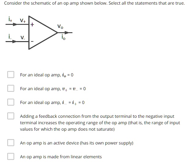 consider the schematic of an op amp shown below select all the statements that are true v vo v ...