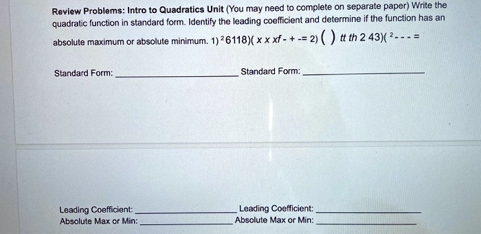 review problems intro to quadratics unit you may need to complete on ...