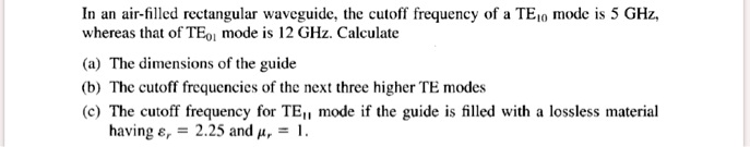 SOLVED: In an air-filled rectangular waveguide, the cutoff frequency of ...
