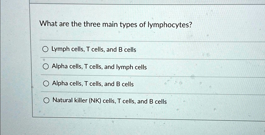 SOLVED: What are the three main types of lymphocytes? Lymph cells, T ...
