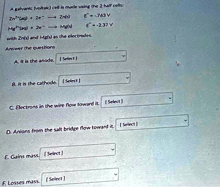 SOLVED: A galvanic (voltaic) cell is made using the 2 half cells Zn|Zn2 ...